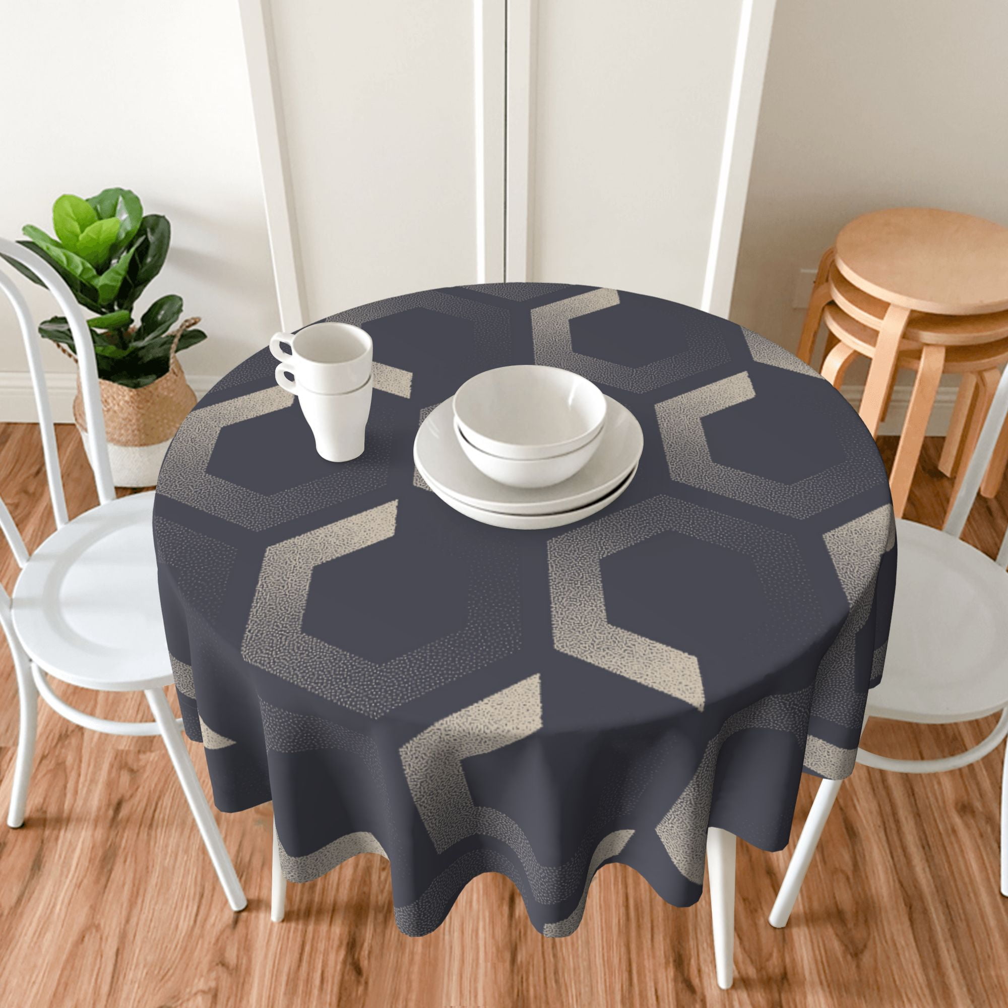 TEQUAN 60" Round Tablecloth, Retro Geometric Hexagons Pattern Washable ...