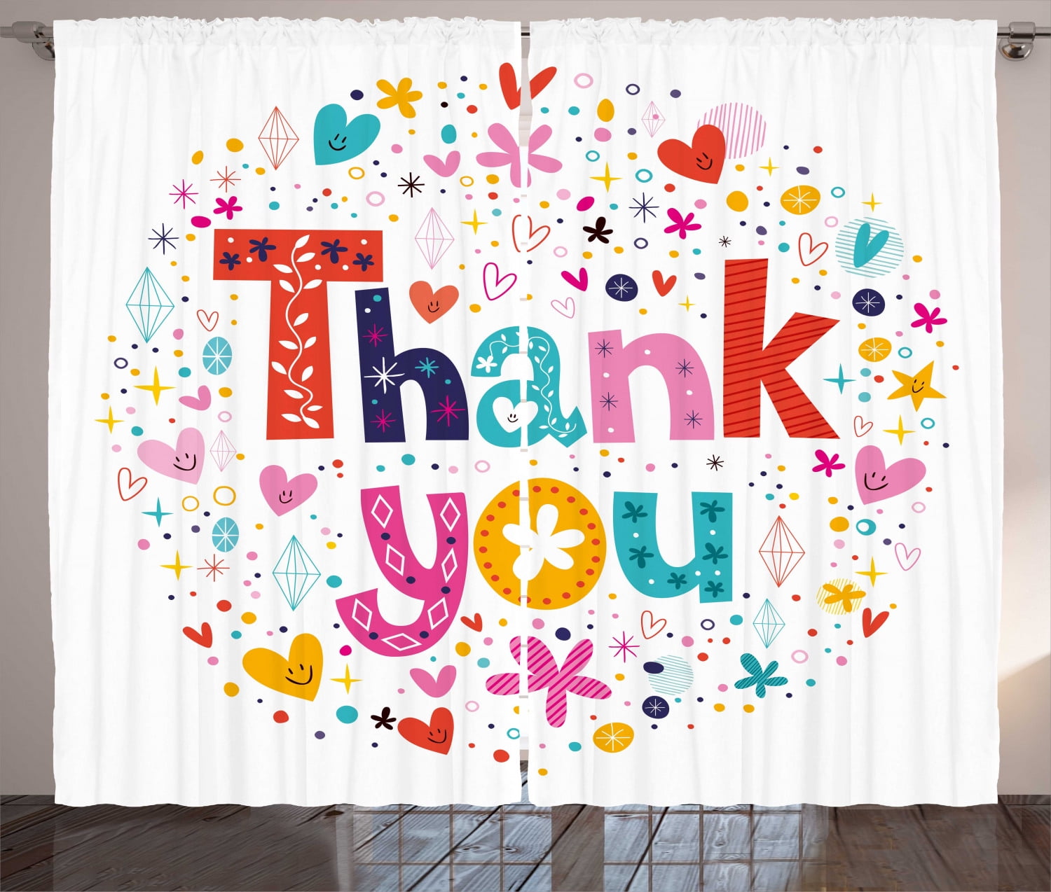 Thank You Curtains 2 Panels Set, Colorful Calligraphy with Happy Hearts ...