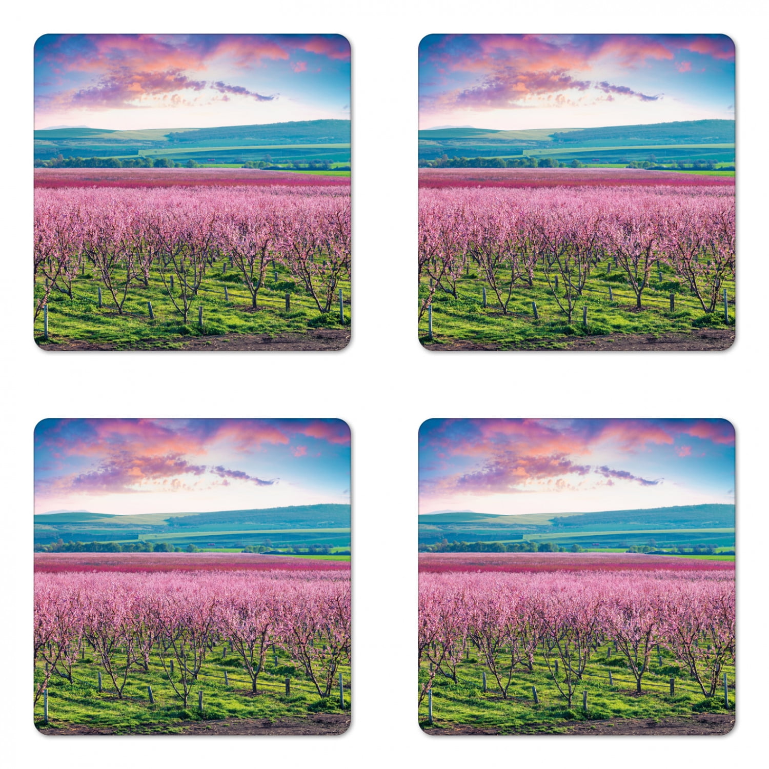 Colorful Coaster Set of 4, Flowering Peach Orchards Outdoor Scenery ...