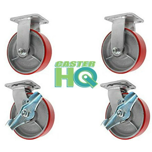 8" Heavy Duty Casters - 2 Rigid 2 Swivel with Brake - Red Polyurethane ...