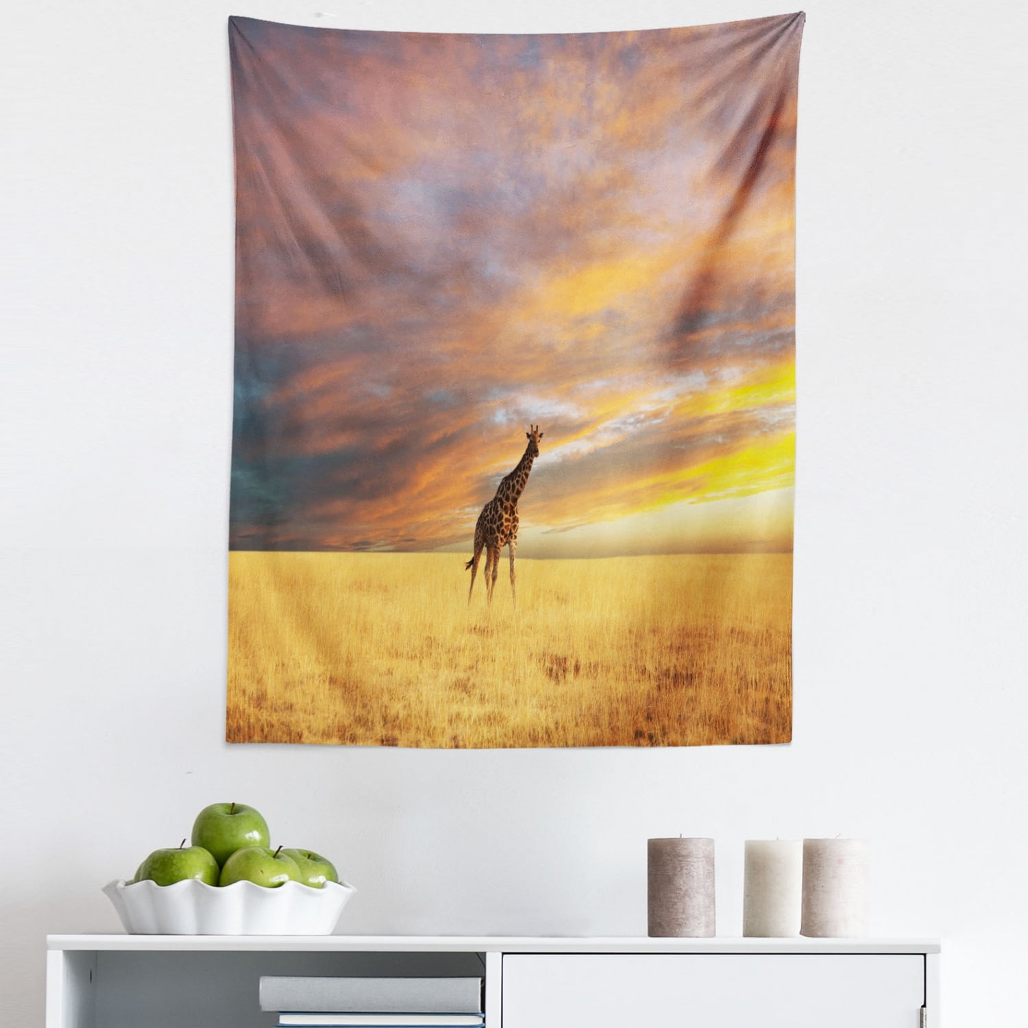 Giraffe Tapestry, Giraffe in Savannah Colorful Cloudy Sky at Sunrise ...