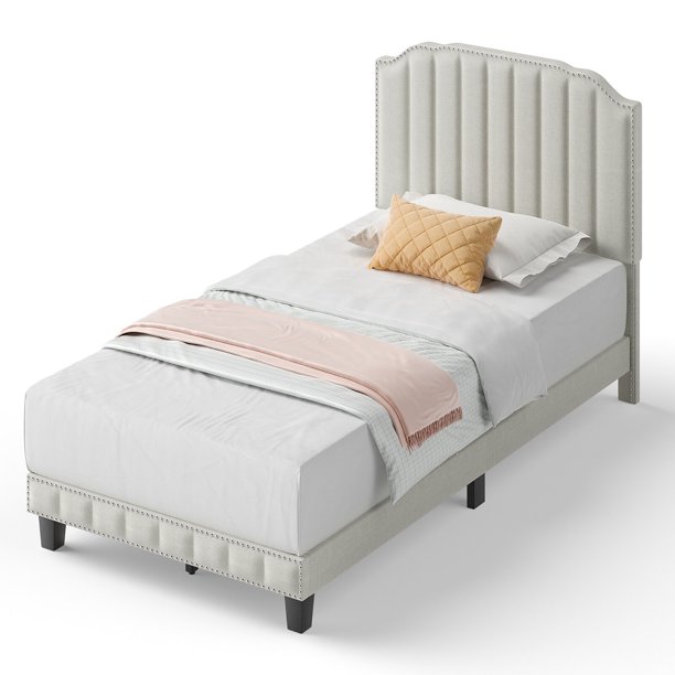 Gymax Twin Upholstered Bed Frame with linen fabric vertical lines ...