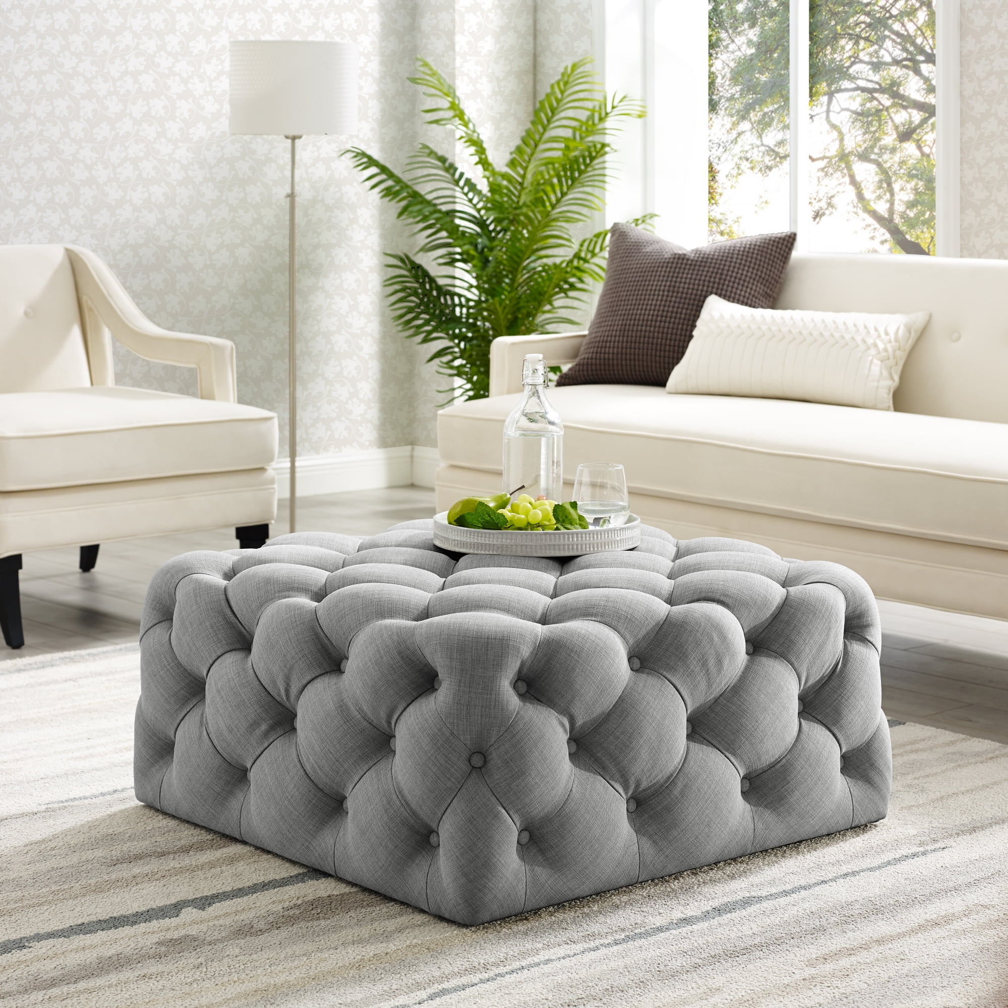 Inspired Home Co. Mikael Light Grey Linen Ottoman - Walmart.com