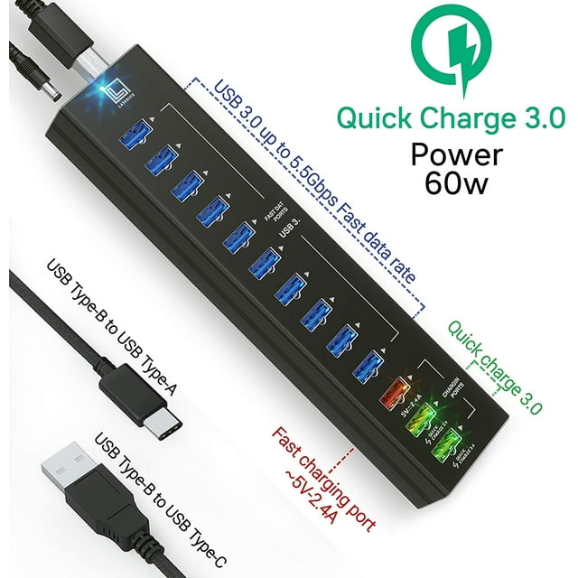 USB Hub Powered, 13 Multi-Port USB Hub with 10 USB 3.0 Ports, 2 IQ ...