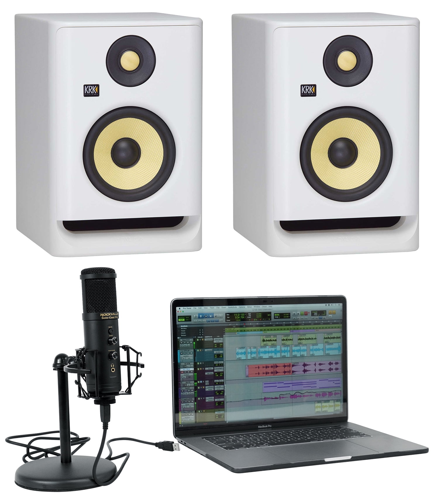 (2) White KRK ROKIT 5 G4 5" Studio Monitors Speakers+USB Microphone RP5 ...