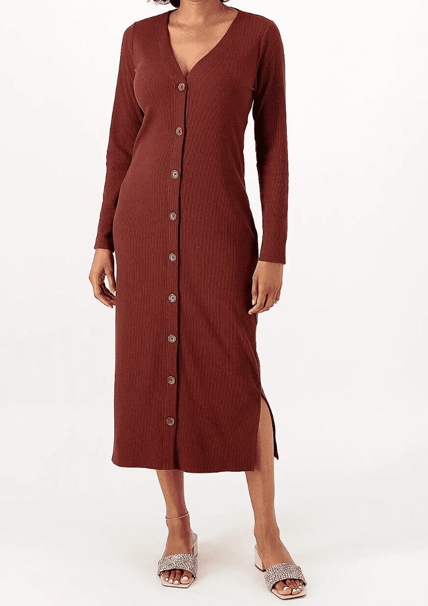 Candace Cameron Bure Regular Rib Knit Button Front Dress, RAISIN BROWN ...