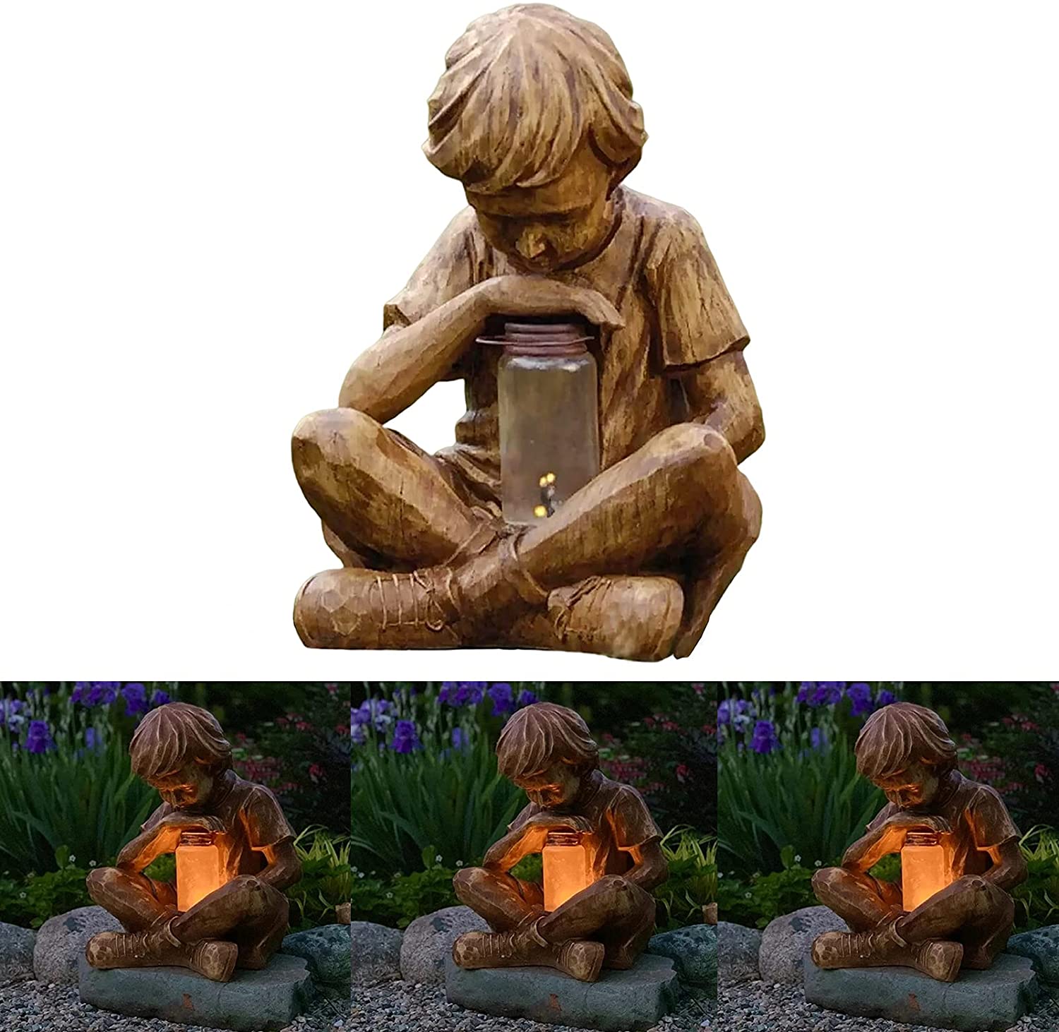 Creative Garden Children LED Lighted Firefly Jar Boy Statue Yard ...