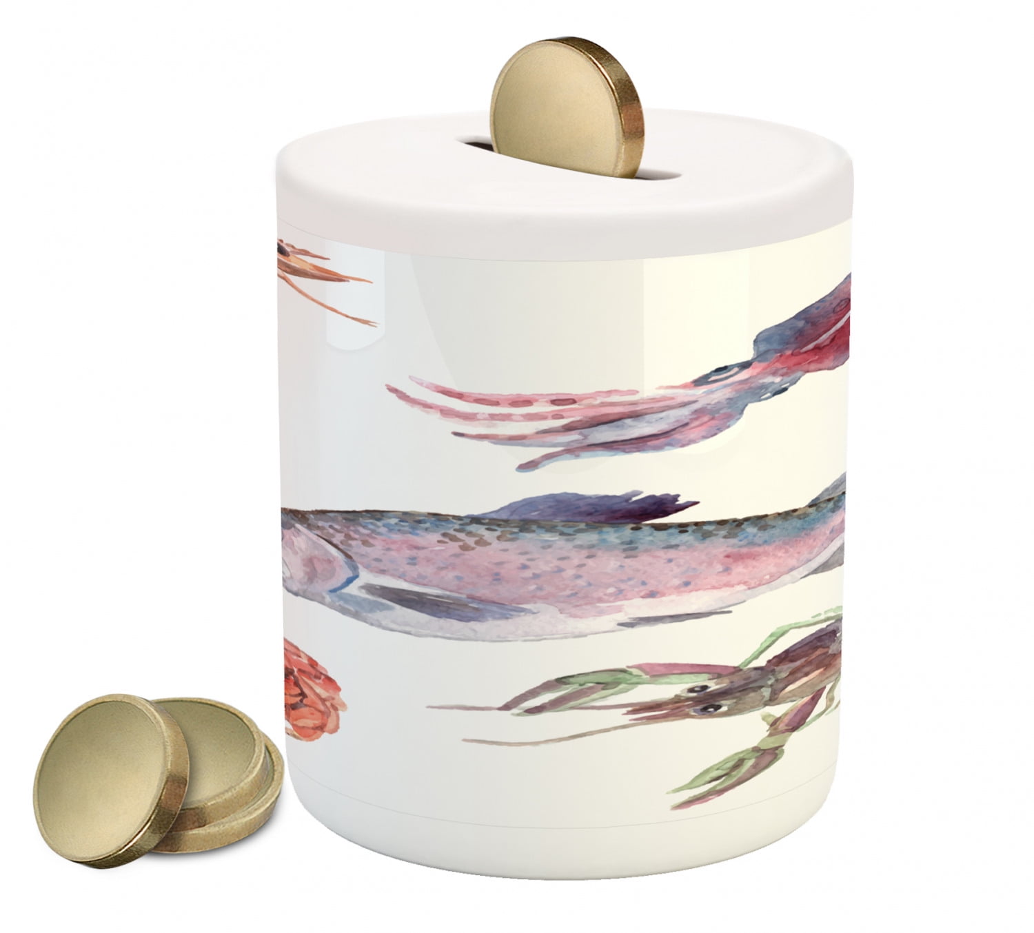 Sea Animals Piggy Bank, Food Illustration Shrimp Mussel Fish Crab ...