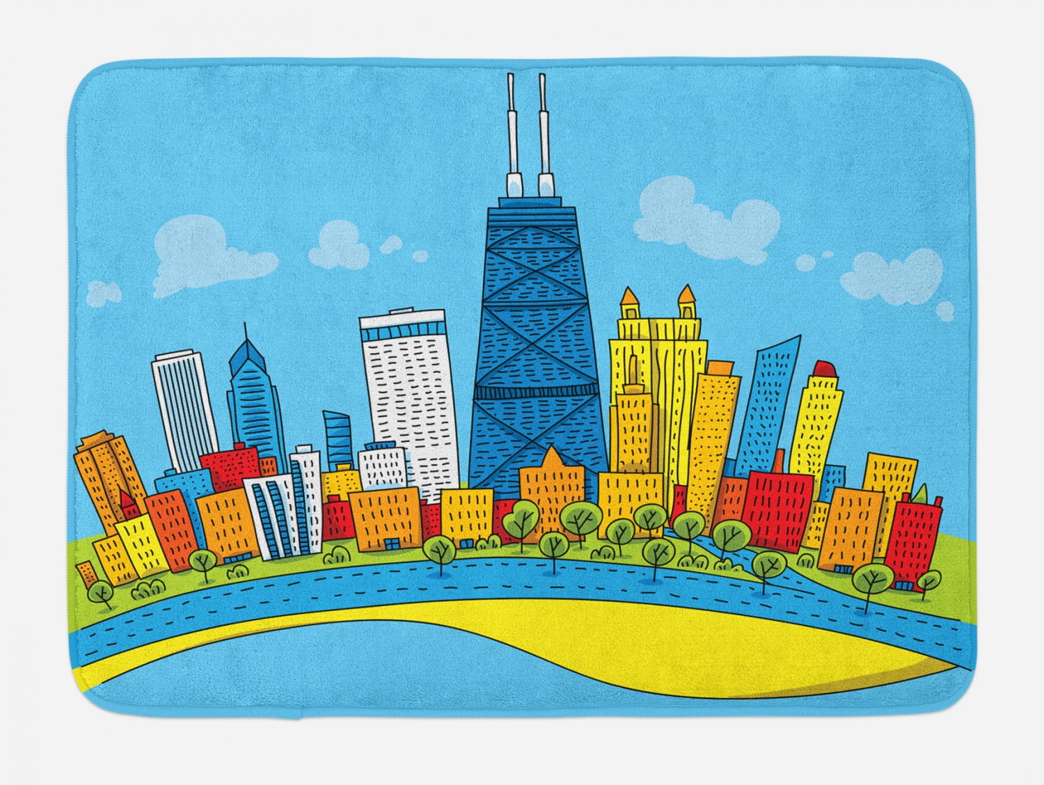 Chicago Skyline Bath Mat, Cute Cartoon Style Childish City View with ...