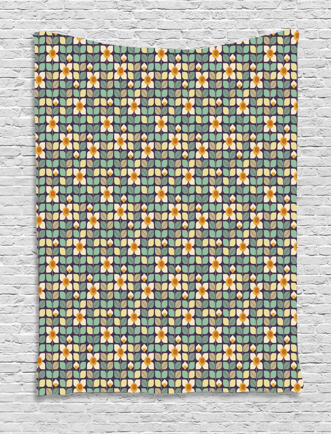 Flower Tapestry, Primitive Grid-like Stylized Petals Leaves and Stems ...