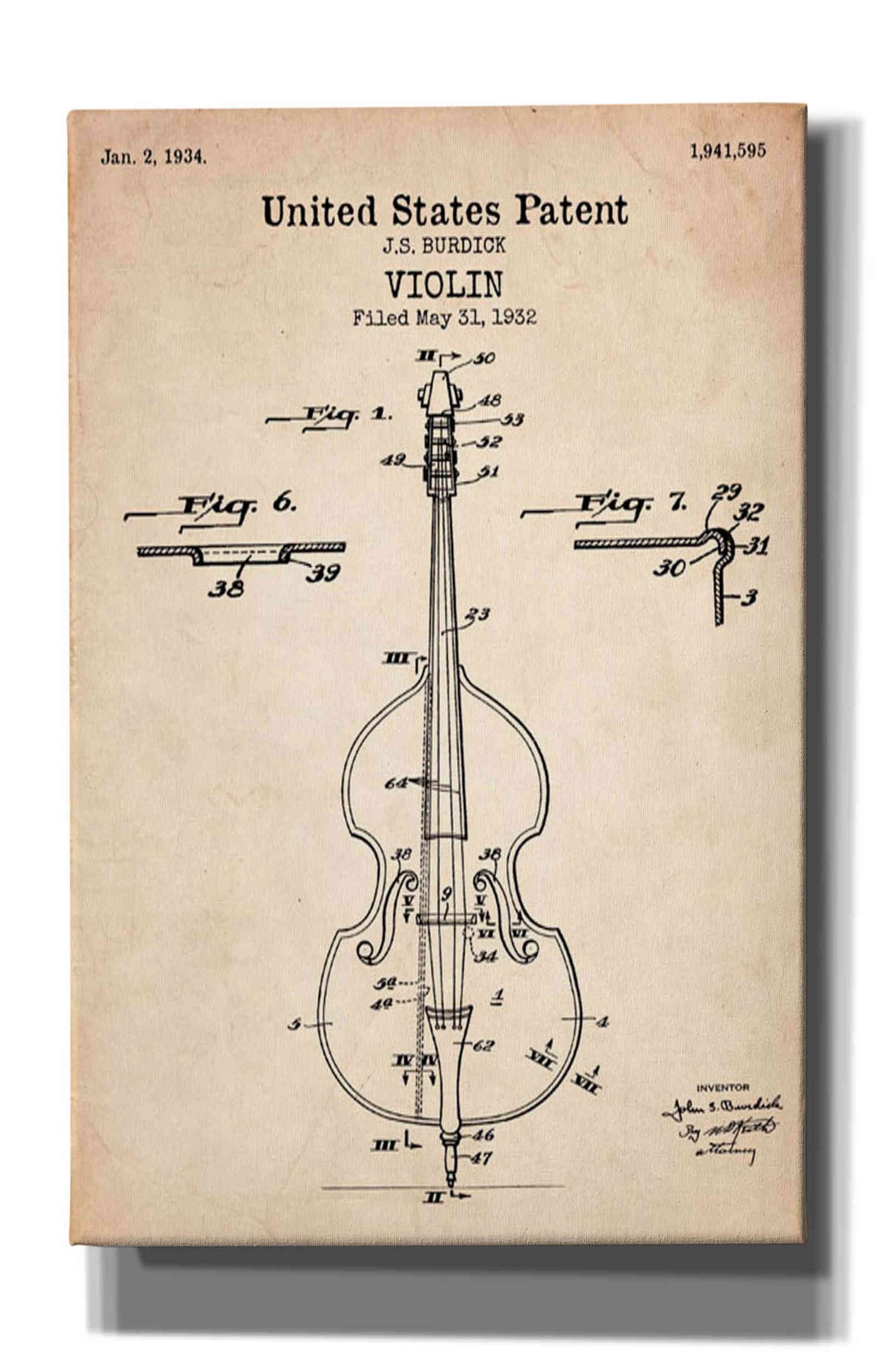 Epic Graffiti "Violin Blueprint Patent Parchment" Giclee Canvas Wall ...