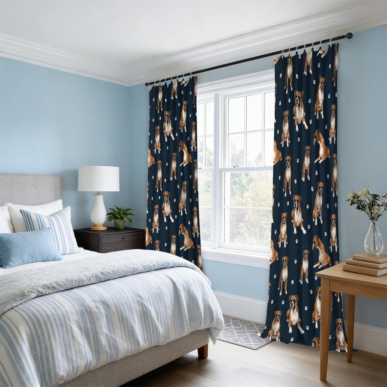 Boxer and Dog Paw Print Blue Pattern Pinch Pleated Blackout Curtains ...