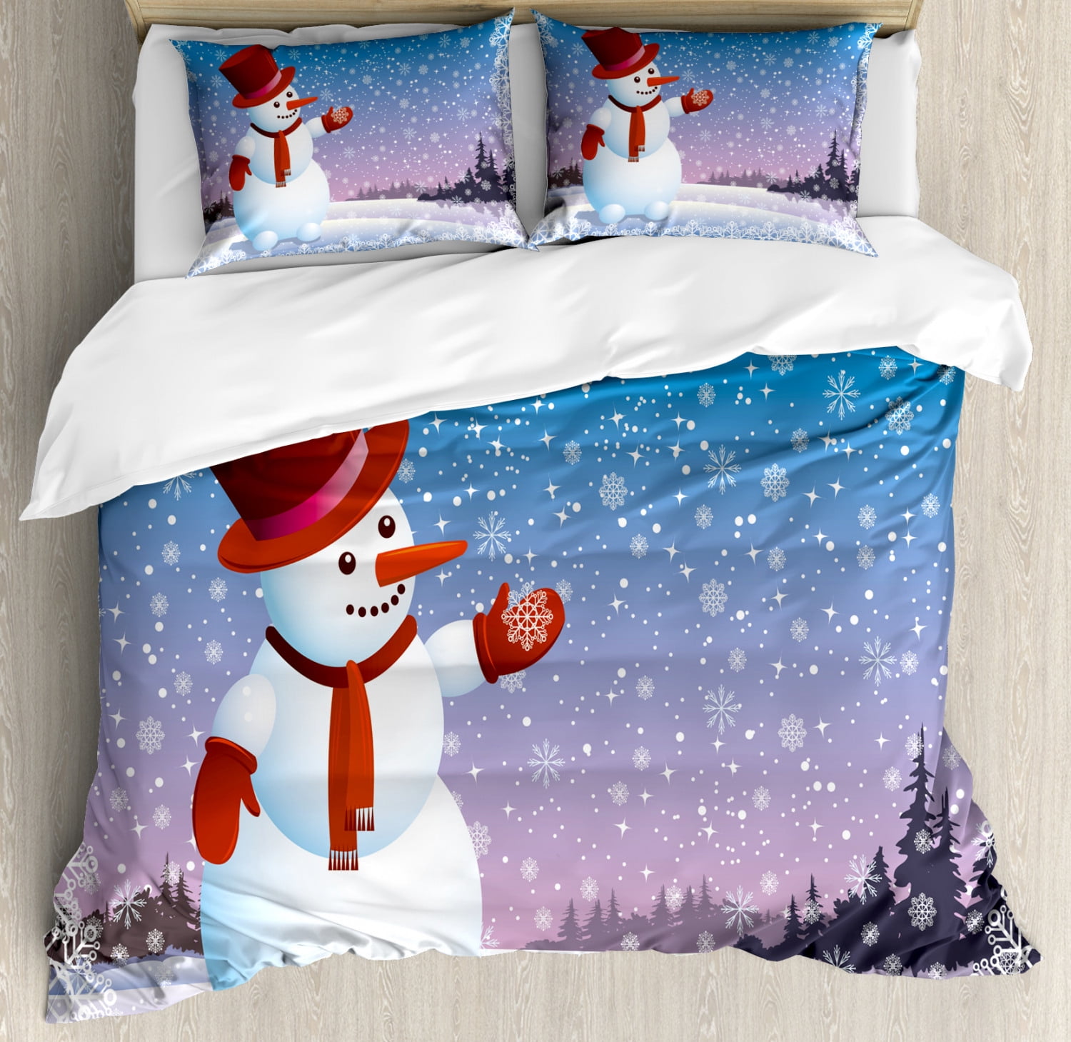 Snowman Duvet Cover Set King Size, Cartoon Happy Snowman Looking at the ...