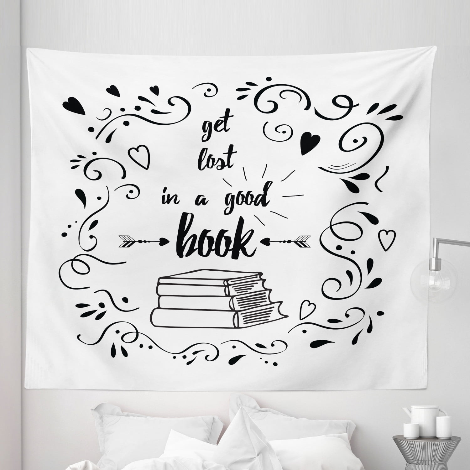 Book Tapestry, Get Lost Reading Printed Words Hand Drawn Floral Pattern ...