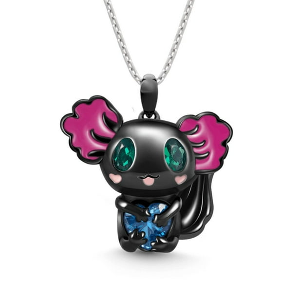 Mignon dessin animé Axolotl coeur strass pendentif collier exquis ...