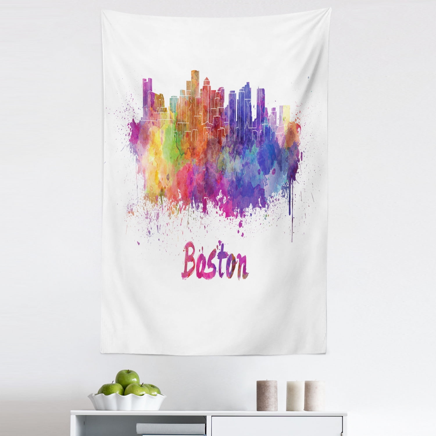 Boston Tapestry, Splashed Watercolor Ink Splattered Design of Skyline ...