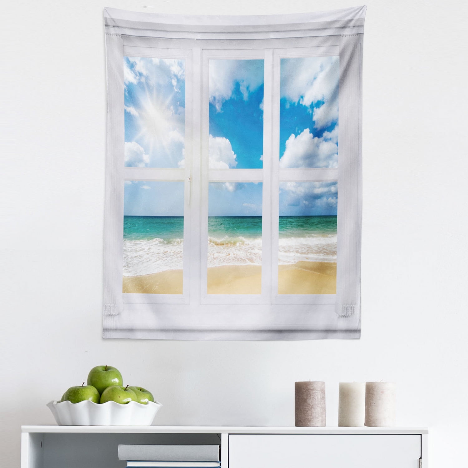 Beach Tapestry, Beach House Window Overlooking Ocean View Sunshine and ...