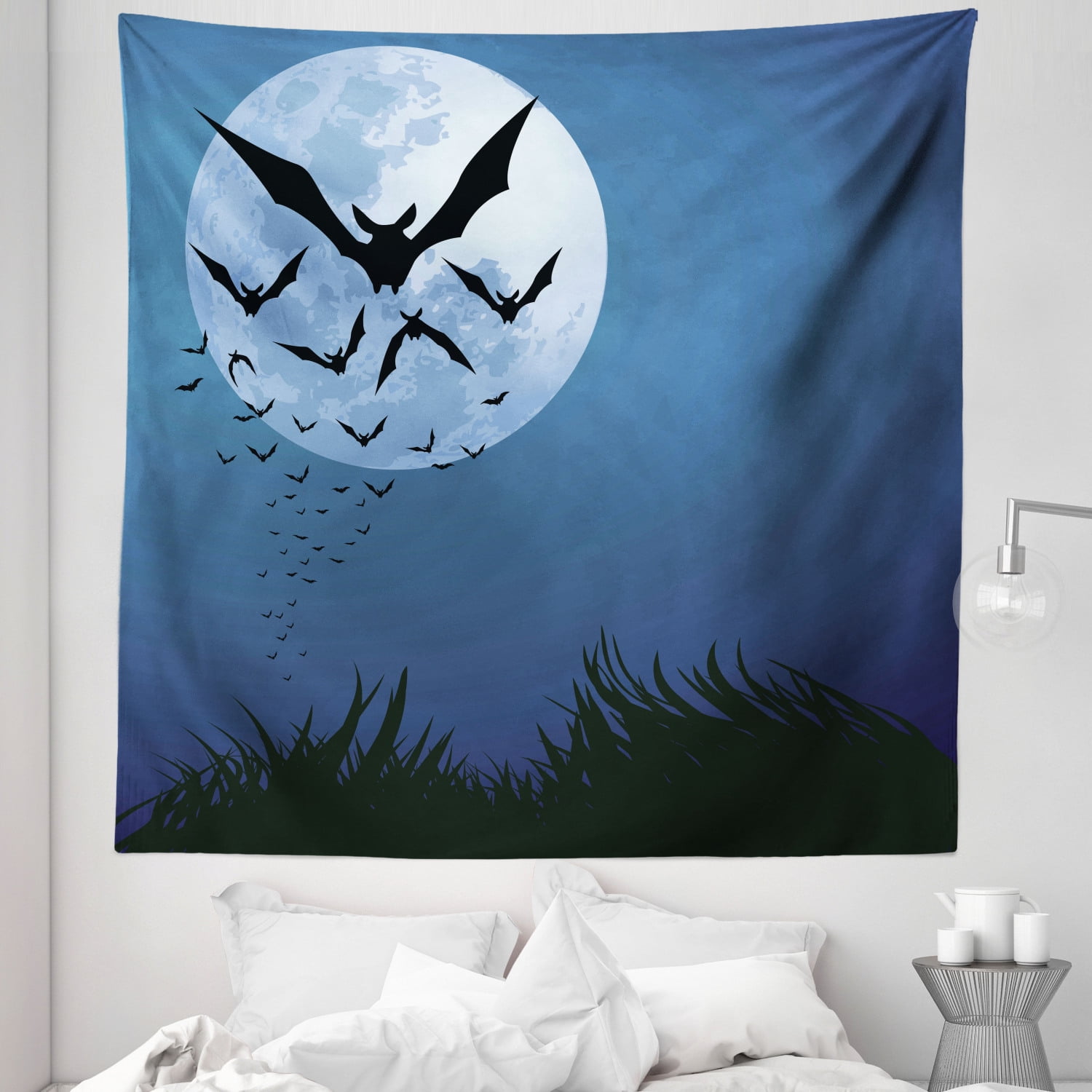 Halloween Tapestry, Cloud of Bats Flying Through the Night with Full ...