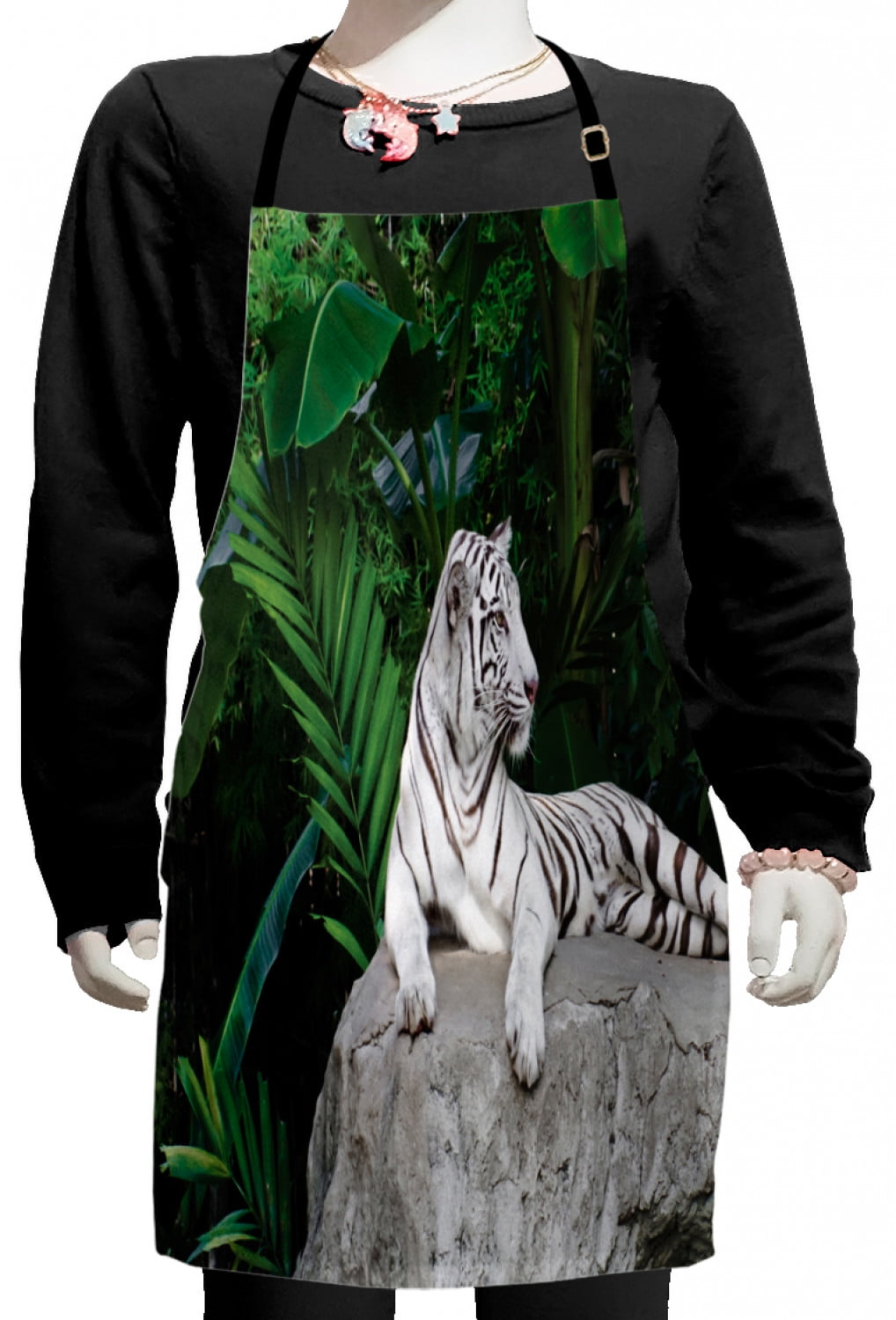 Safari Kids Apron, White Tiger Setting on Stone Tropic Plants Leaves ...