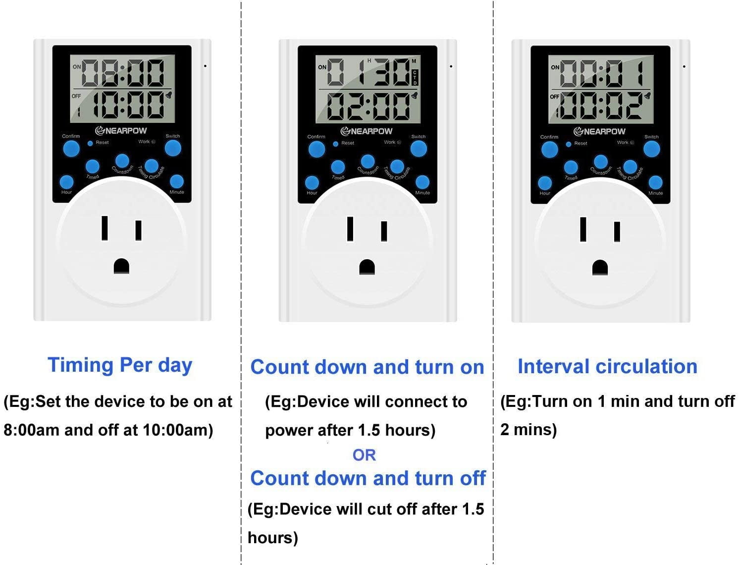 [2 Pack] Timer Outlet, Nearpow Multifunctional Infinite Cycle Programmable Plug-in Digital Timer ...