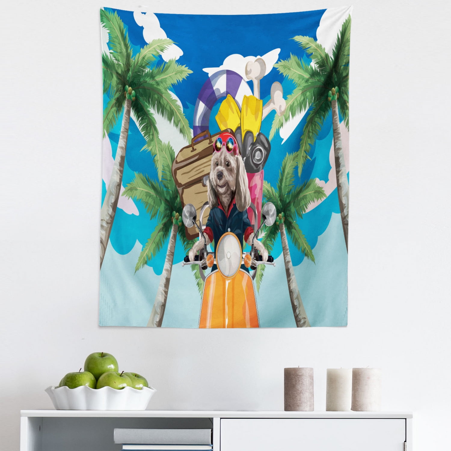 Dog Driver Tapestry, Puppy in Tropical Island with Palm Trees on a ...