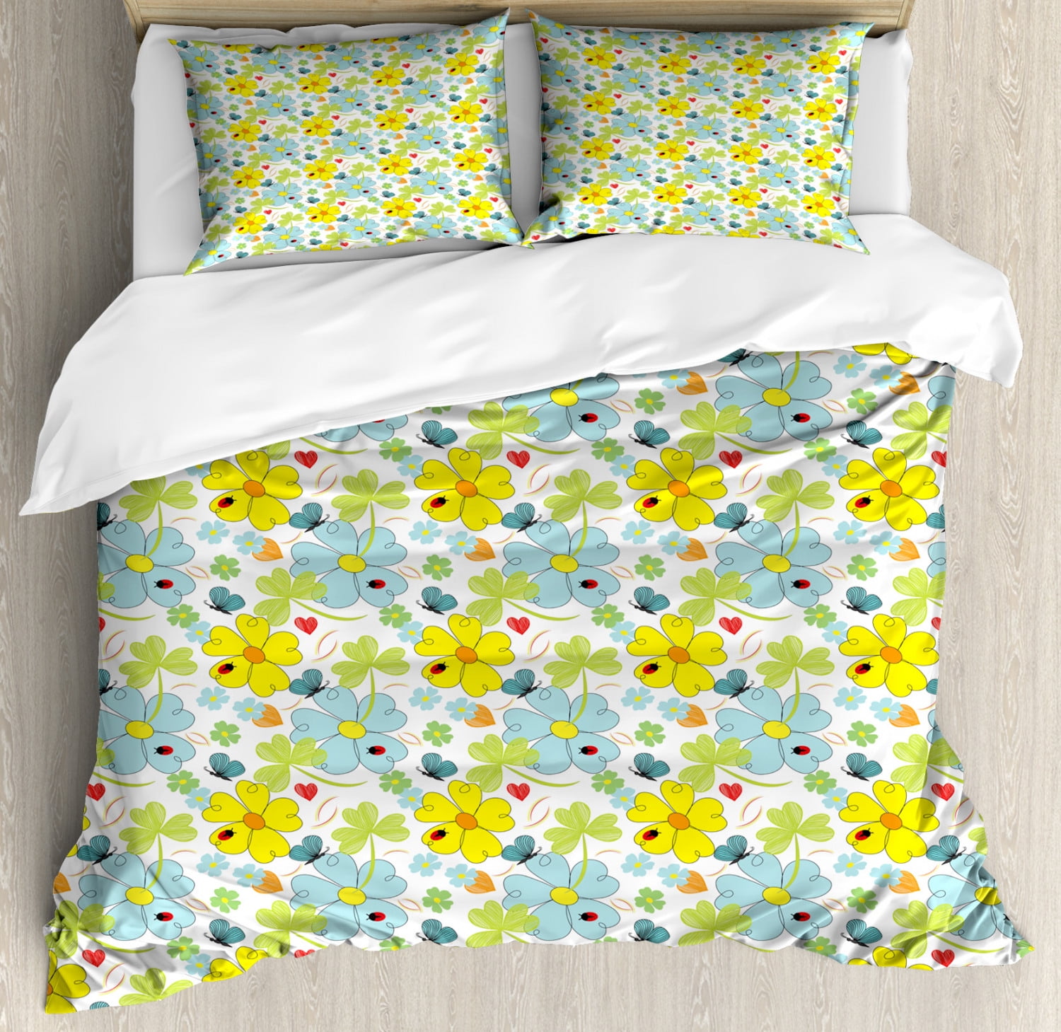 Yellow and Blue King Size Duvet Cover Set, Daisies and Shamrock Flowers ...