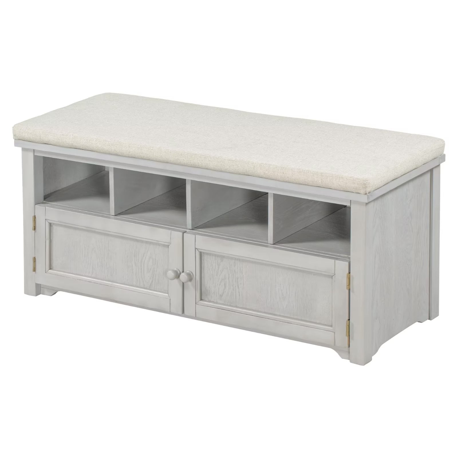 Rustic Storage Bench with Two-Door Storage and Linen Upholstered Top ...