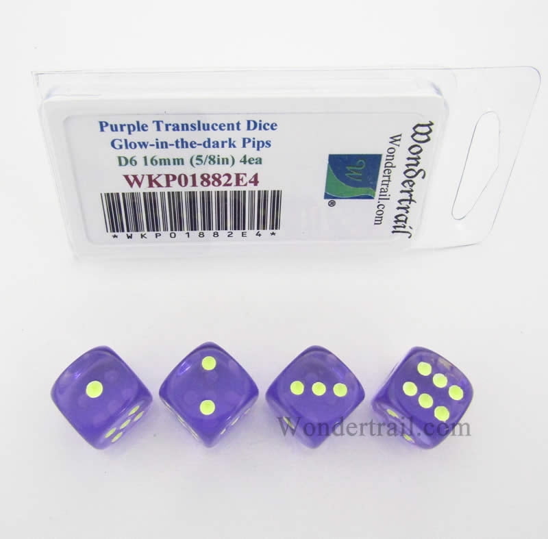 Purple Transparent Dice with Glow in the Dark Pips D6 16mm (5/8in) Pack ...