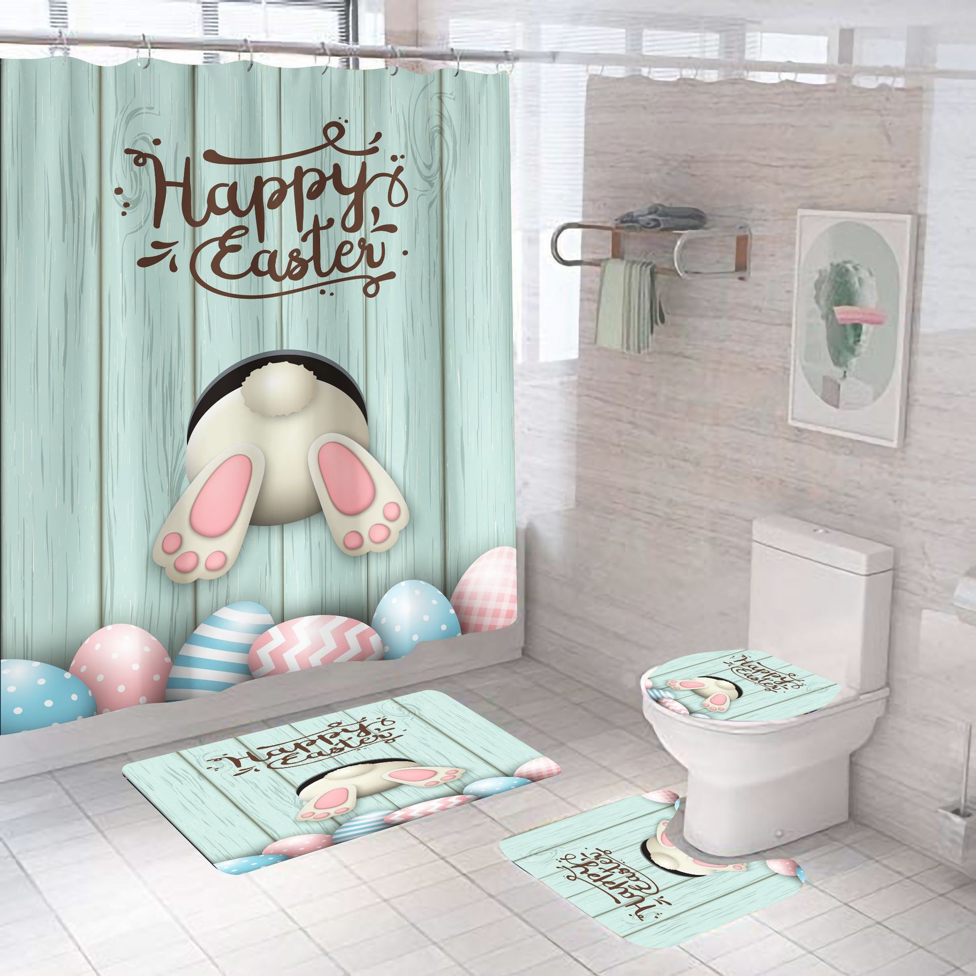 4Pcs Funny Easter Egg Rabbit Wooden Art Shower Curtain Sets, Bathroom ...
