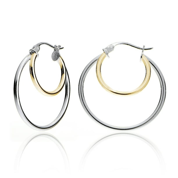 Gold Tone over Sterling Silver Two-Tone Double Circle Round Polished Hoop Earrings, 25mm ...