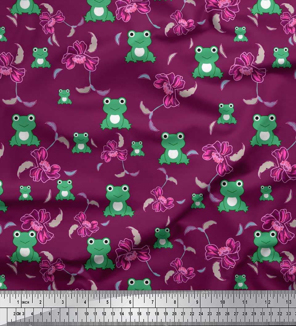 Soimoi Japan Crepe Satin Fabric Floral & Frog Cartoon Print Fabric by ...