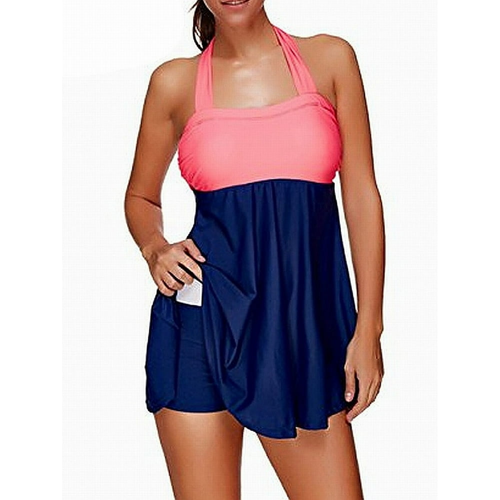Joymode Womens Swimwear Pink Plus Swimdress Halter One Piece Xxl