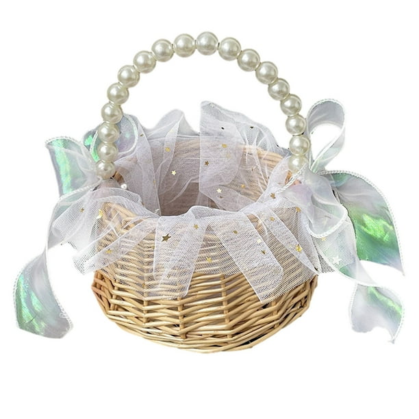Justharion Romantic Bridesmaid Pearl Handle Flower Basket Portable ...