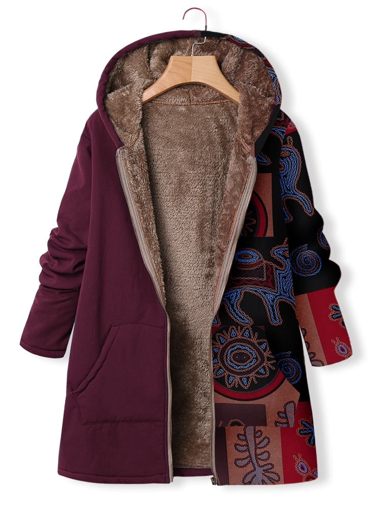 Women Winter Warm Hooded Coat Casual Ethnic Floral Print Jacket