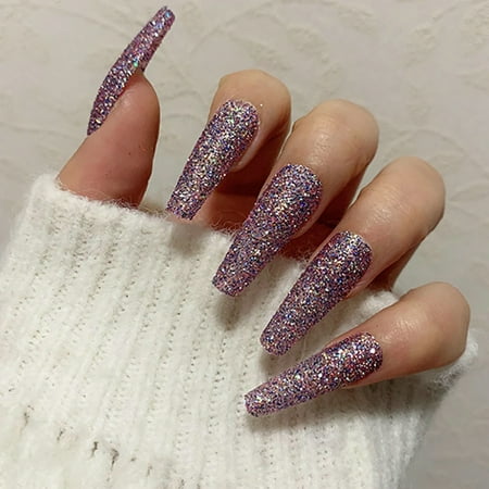 24Pcs/Set Womens Glitter Long False Nails Full Cover Artificial Fake ...