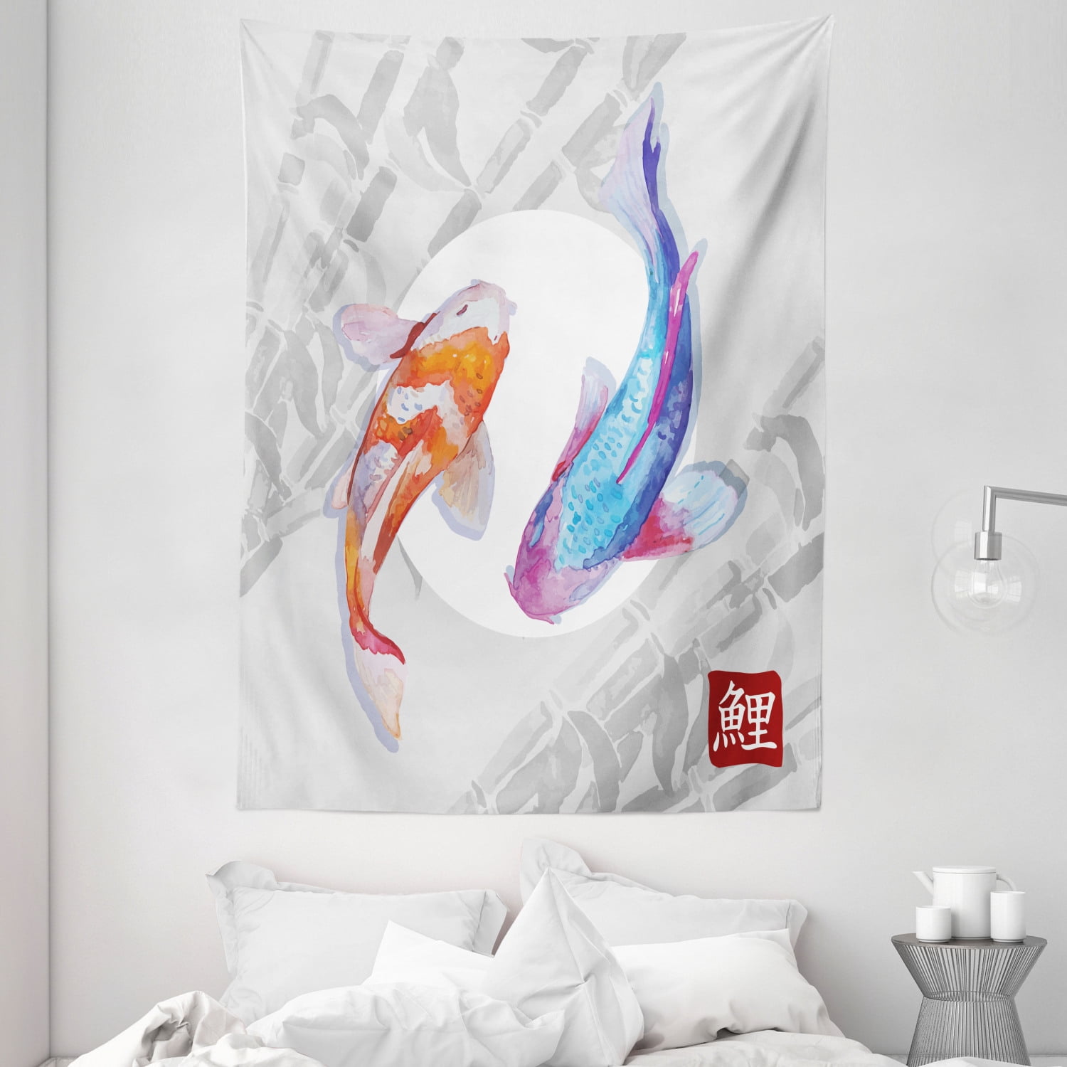 Koi Fish Tapestry, Watercolor Style Koi Fish Couple Design with Grunge ...