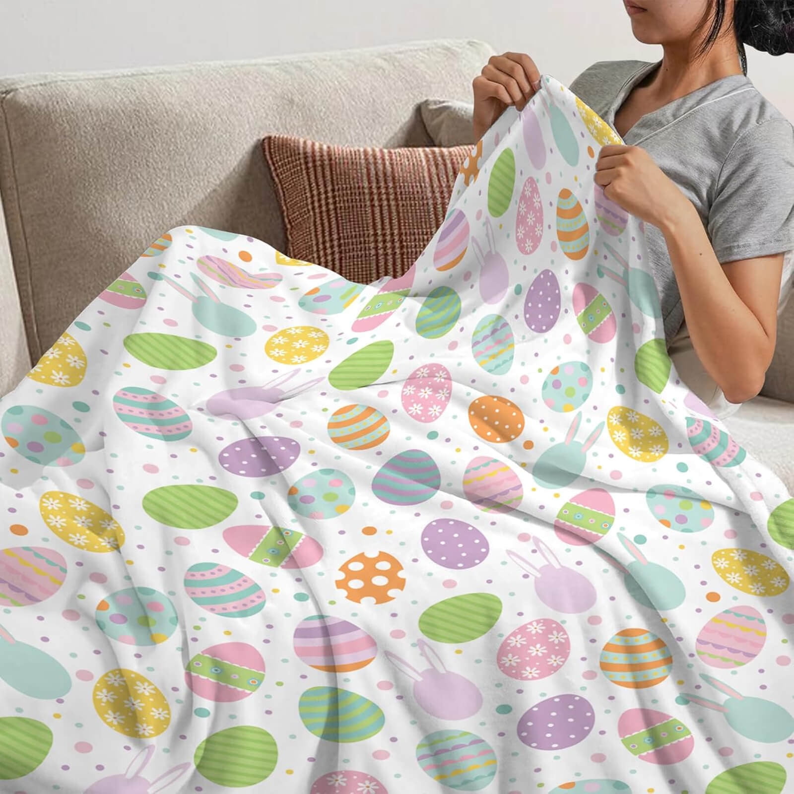 Easter Blanket Bunny Easter Eggs Print Stuffed Blanket Suitable For ...