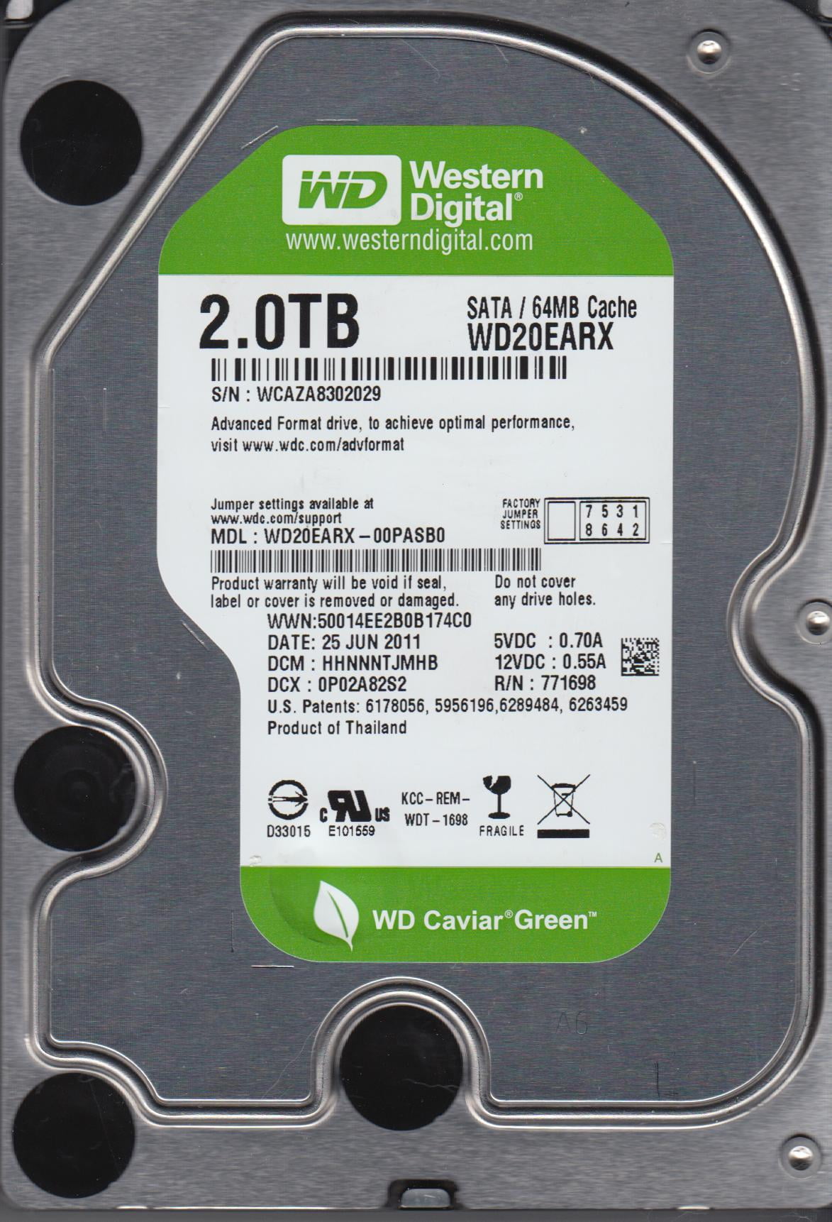 WD20EARX-00PASB0, DCM HHNNNTJMHB, Western Digital 2TB SATA 3.5 Hard ...