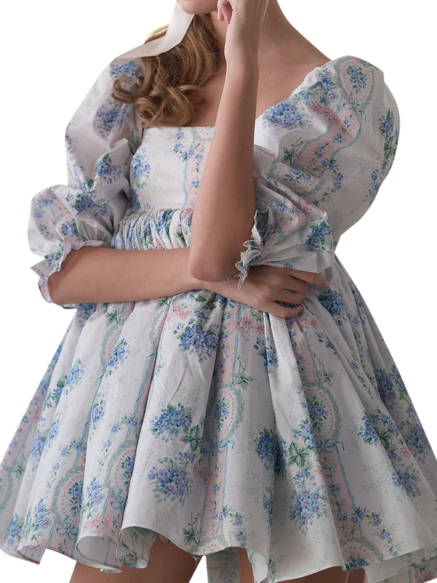 Inevnen Women Cute Puffy Dress Printed Bell Sleeve Square Neck Mesh Ruffle Bubble Dress