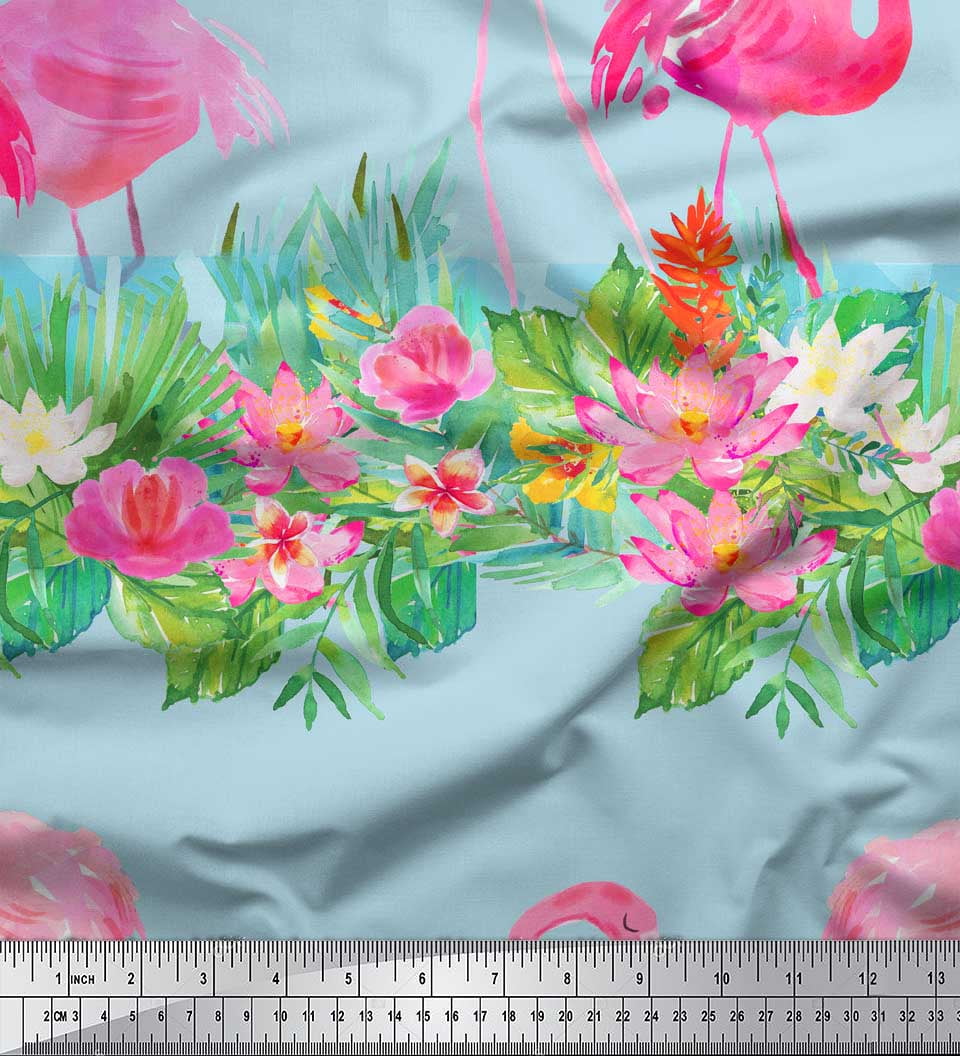 Soimoi Blue Rayon Fabric Lotus & Flamingo Bird Print Fabric by the Yard ...