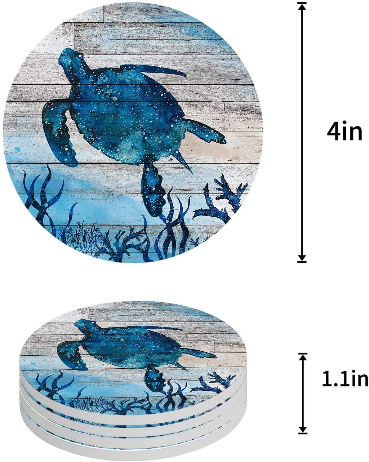 FMSHPON Theme Sea Turtle Coral on Wood Grain Set of 4 Round Coaster for ...