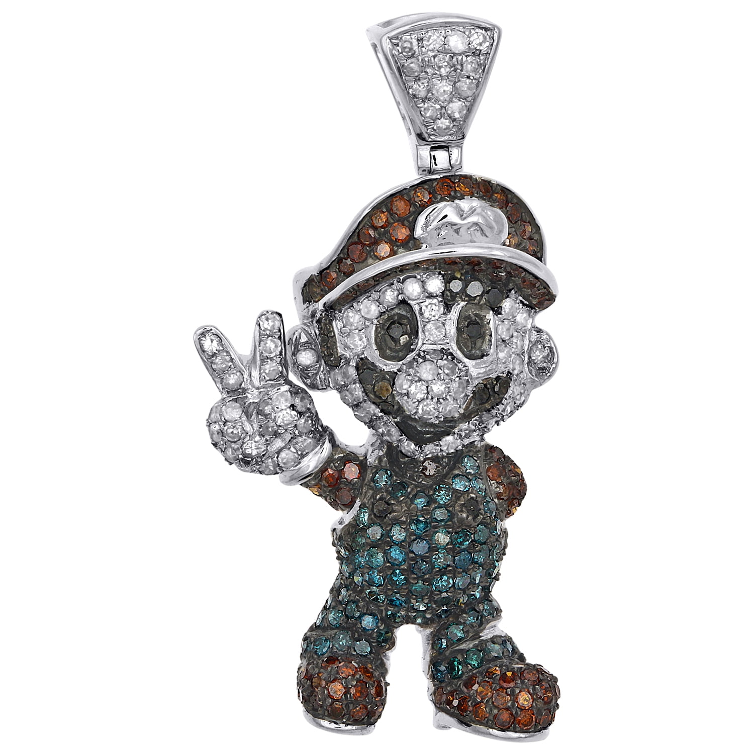 10K White Gold Red & Blue Diamond Mario Bros. Pendant 1.45" Pave Charm ...