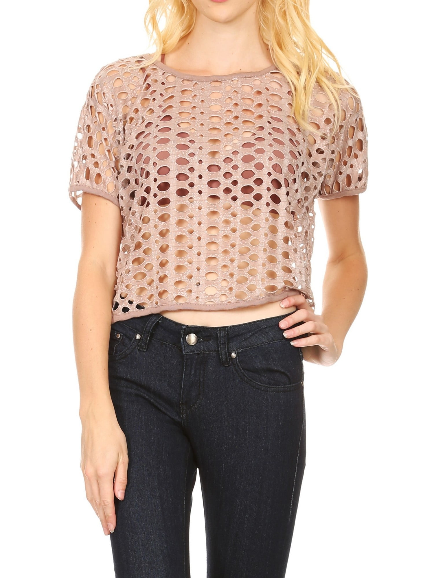 Women?s Short Sleeve Oversized Perforated Fishnet Holes Crop Top (Khaki ...