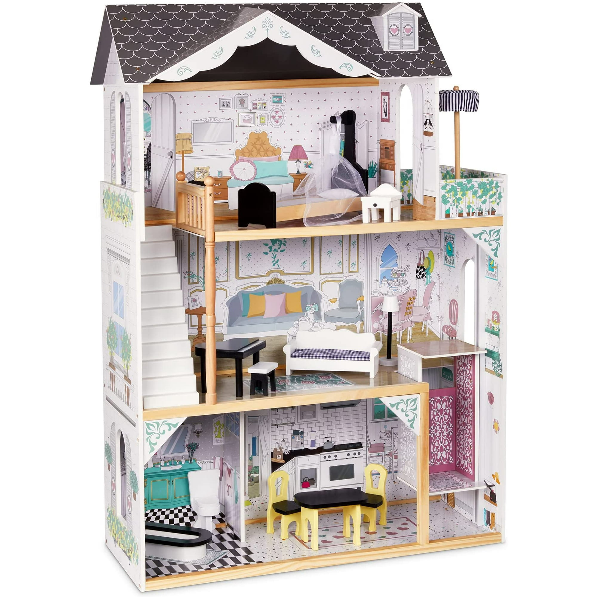 Lil Jumbl Wooden Dollhouse Furniture Set with Elevator Balcony Stairs Kids Toy House Set Walmart