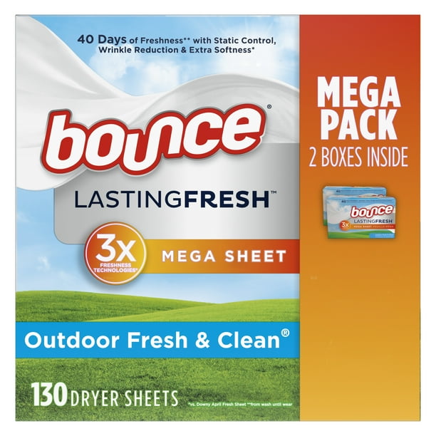 Bounce Lasting Fresh Mega Dryer Sheets, 130 ct, Outdoor Fresh & Clean ...