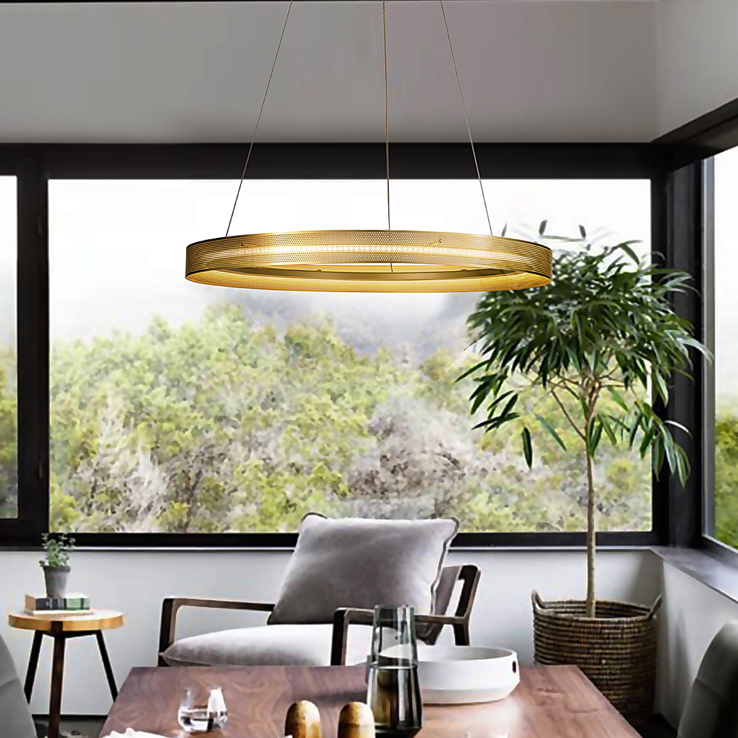 Modern Brass LED Chandelier 25 in. Round Hanging Ceiling Light ...
