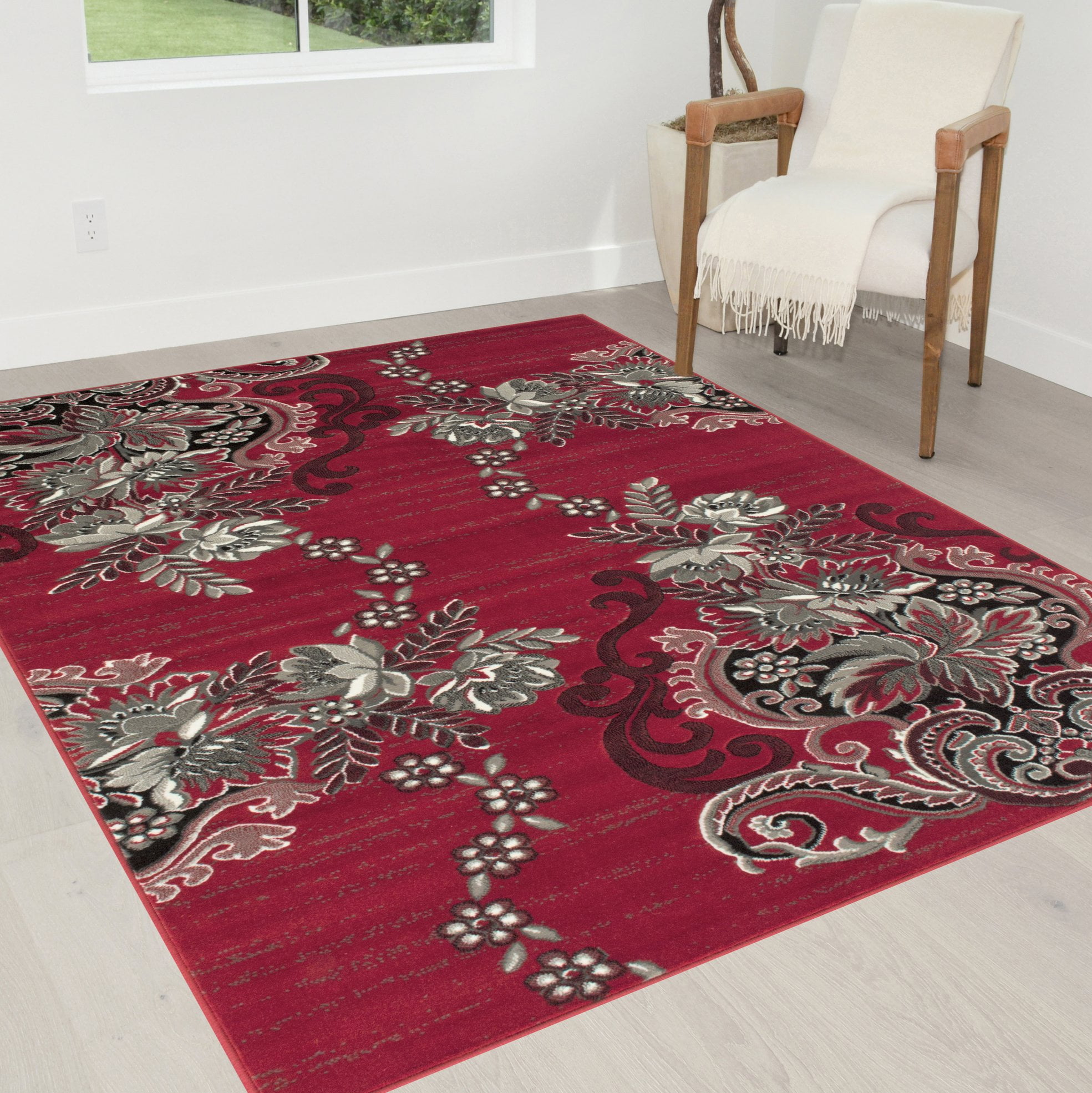 Red/Grey/Silver/Black/Abstract Area Rug Modern Contemporary Floral and ...