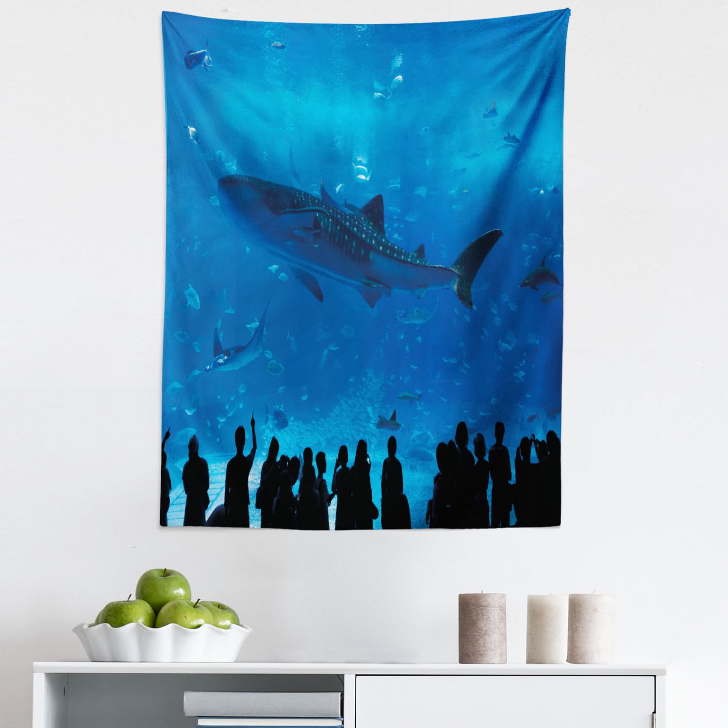 Shark Tapestry, Japanese Aquarium Park with People Silhouettes Watching ...