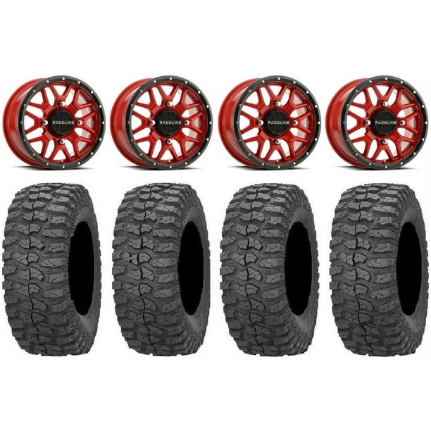 Raceline Krank 14" Red Wheels 32" Rock-A-Billy Tires Sportsman RZR ...