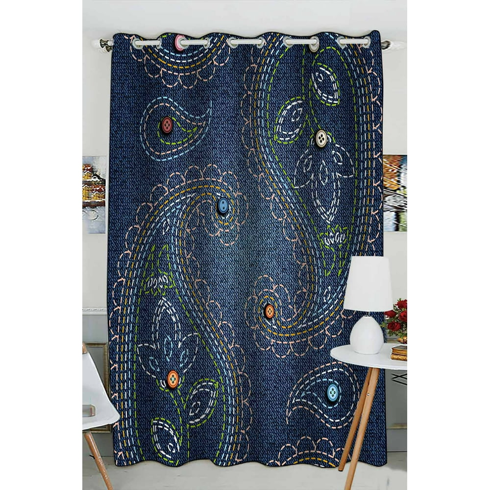 ABPHQTO Texture Denim Fabric Buttons Embroidery Paisley Window Curtain ...